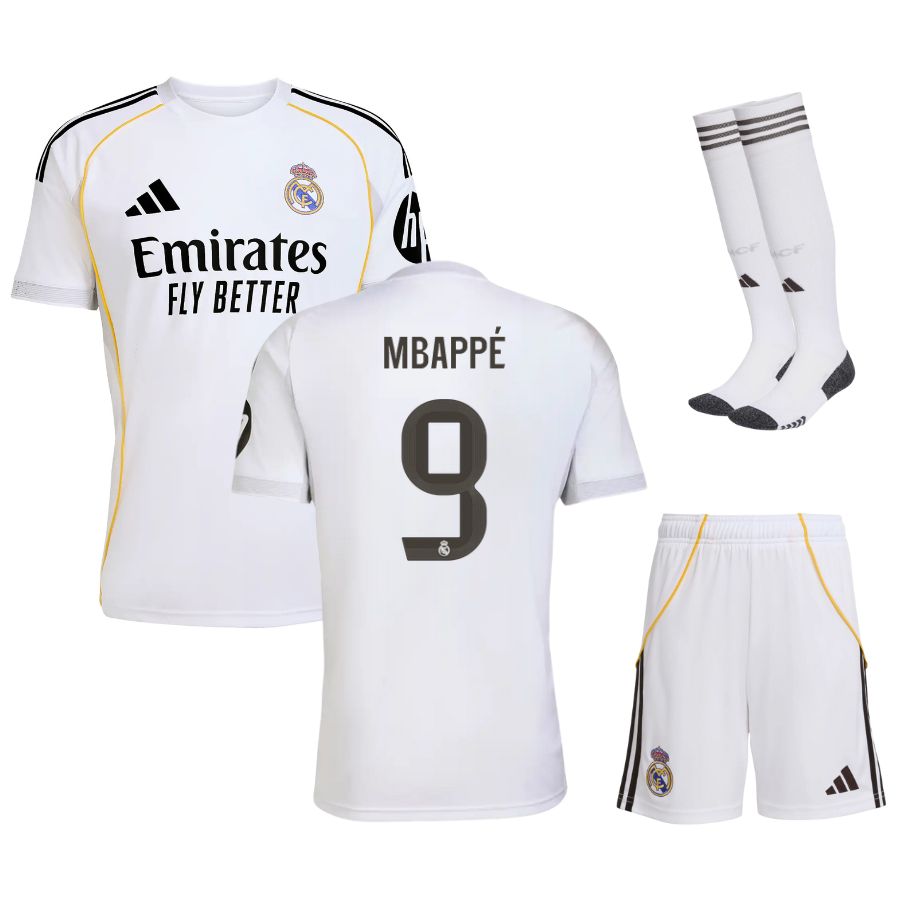 Real Madrid Home Children's Kit Jersey 2025 2026 Mbappe